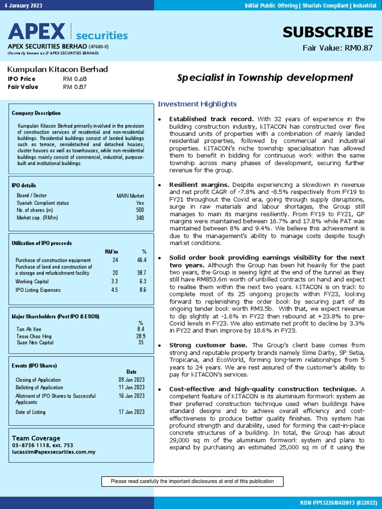 Kumpulan Kitacon Berhad IPO Overview | PDF | Business | Economies