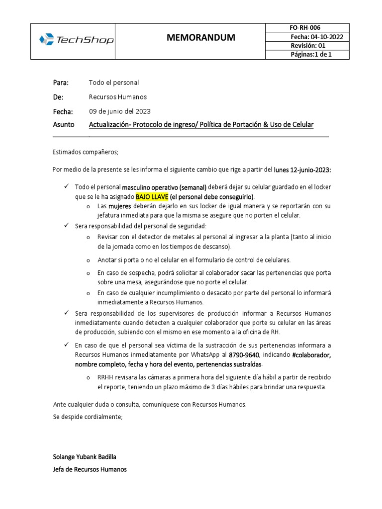 FO-RH-008-Memorandum-Actualizacion Protocolo de Ingreso y Politica de ...
