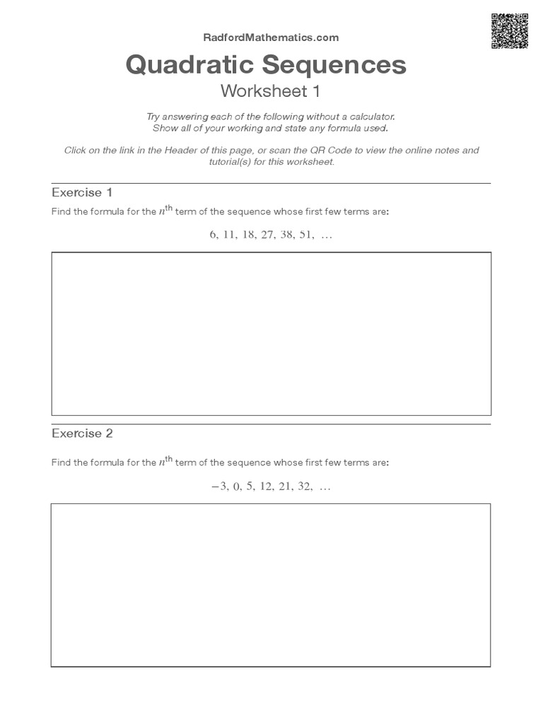Quadratic Sequences Worksheet 1 | PDF