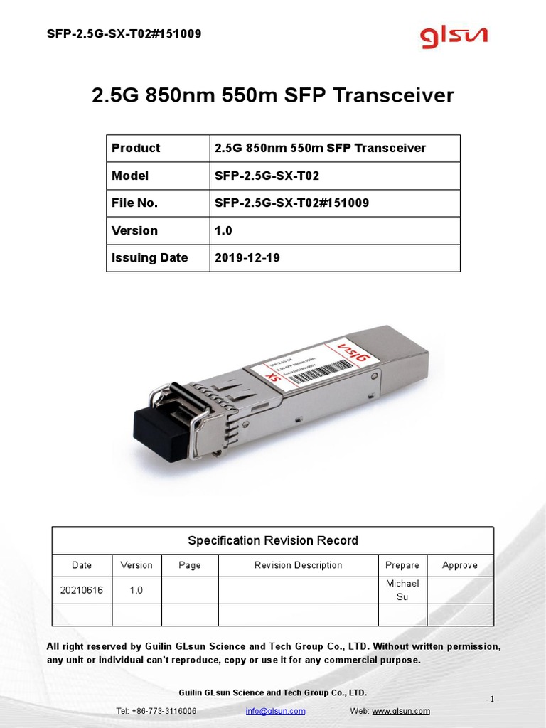 2.5G 850nm 550m SFP Transceiver | PDF | Telecommunications | Computer Engineering