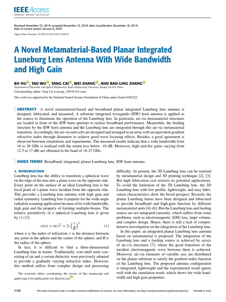 A Novel Metamaterial-Based Planar Integrated Luneburg Lens Antenna With Wide Bandwidth and High ...