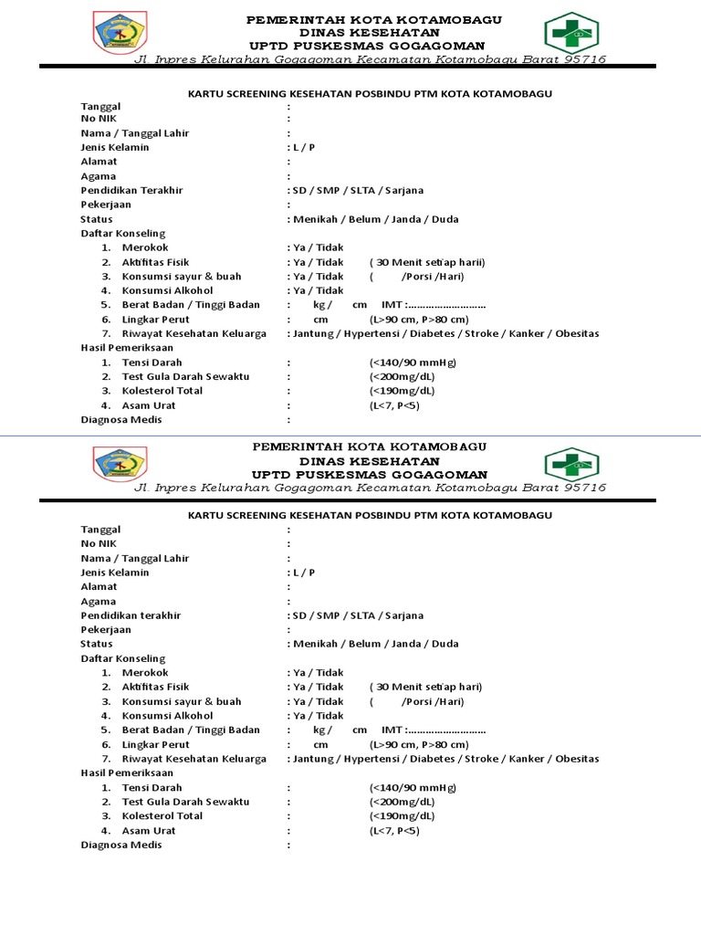 Kartu Screening Posbindu - PTM | PDF