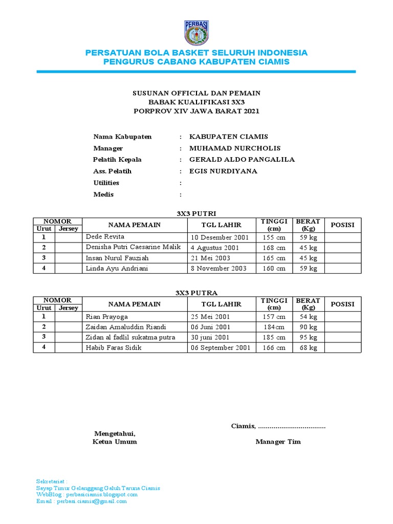 Susunan Tim - BK - Porprov - 3X3 | PDF