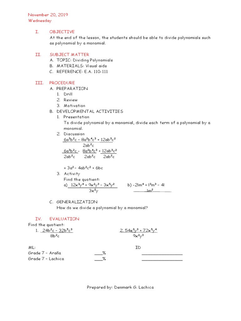 Dividing Polynomials (Polynomial by A Monomial) | PDF | Teaching ...