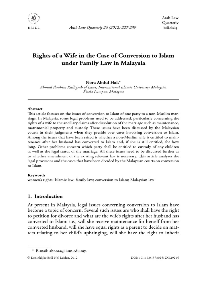 Rights of A Wife in The Case of Conversion To Islam Under Family Law in Malaysia | PDF | Divorce ...
