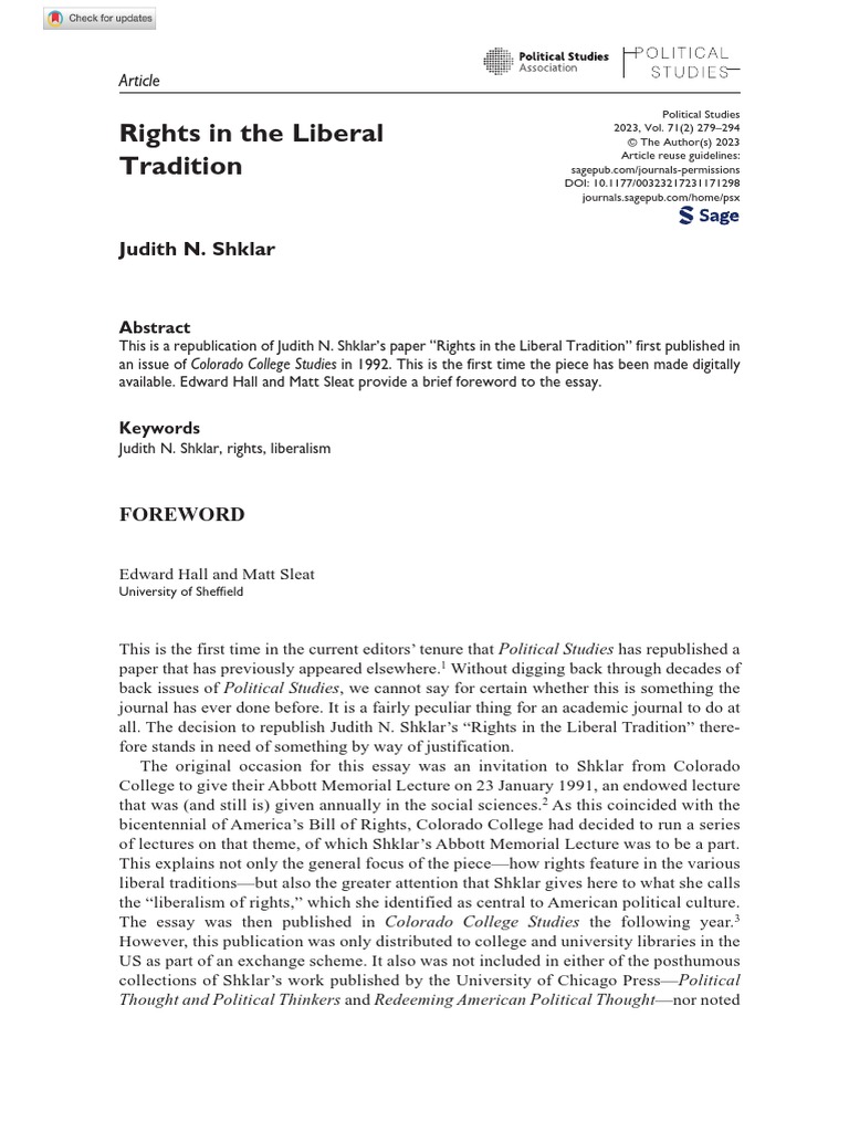 SHKLAR, J - 1992. Rights in The Liberal Tradition | PDF | Liberalism ...