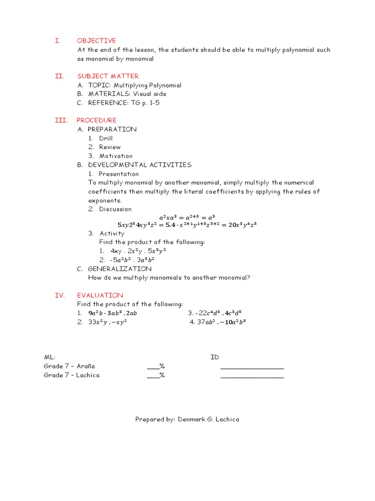 Multiplying Polynomial (Monomial by Monomial) | PDF | Teaching Methods ...