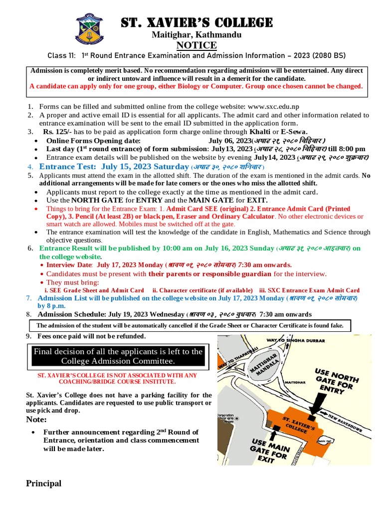 SXC Class 11 Entrance Exam Notice 2080 | PDF | University And College ...