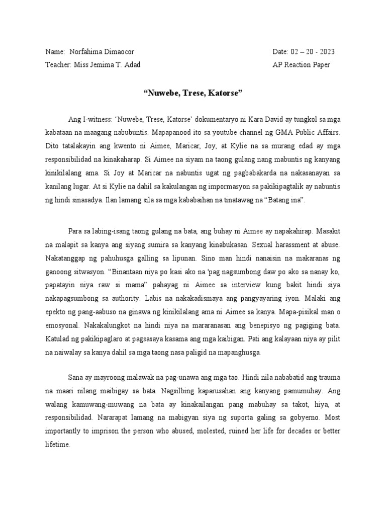 Dimaocor "Nuwebe, Trese, Katorse" Ap Reaction Paper | PDF