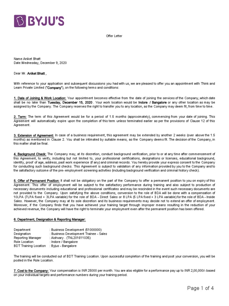 Offer Letter | Download Free PDF | Indemnity | Non Disclosure Agreement