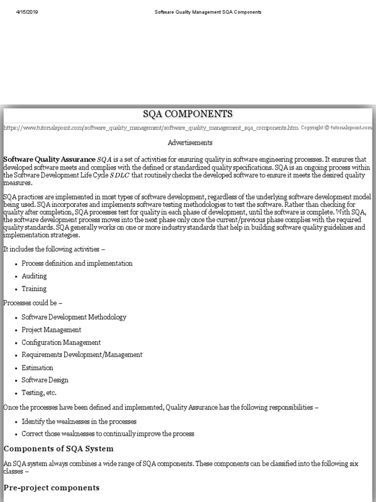 Software Quality Management SQA Components | PDF | Software Quality ...