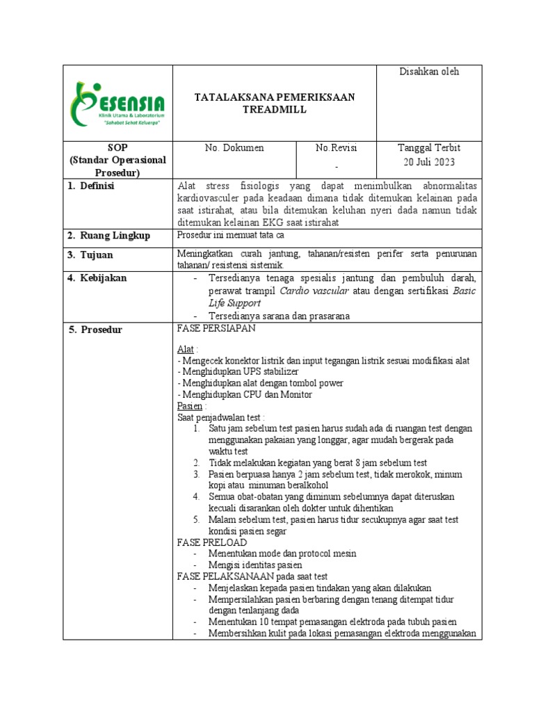 SOP Uji Treadmill Kardiovaskular | PDF