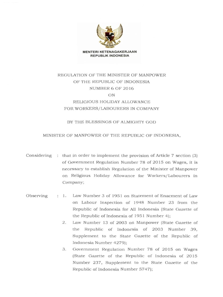 Manpower Ministry Regulation No. 6 of 2016 - Religious Allowance ...