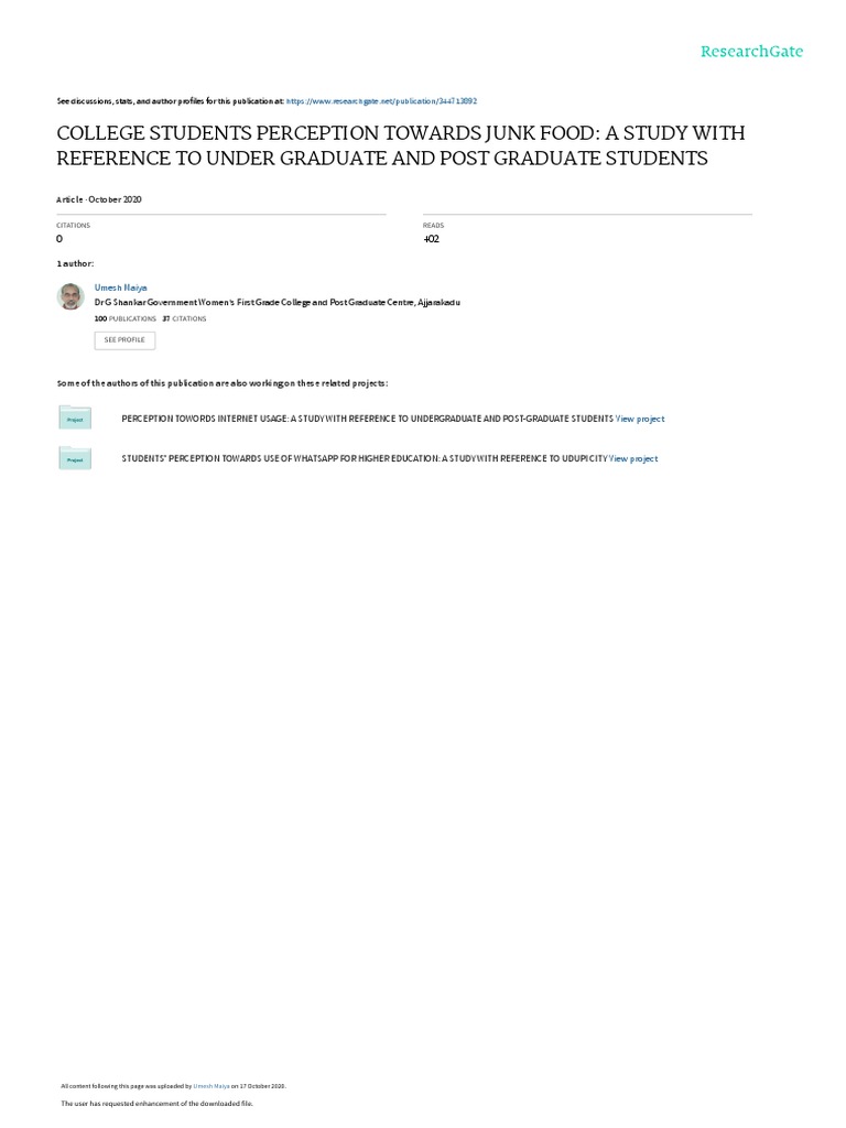 College Students Perception Towards Junk Food: A Study With Reference ...