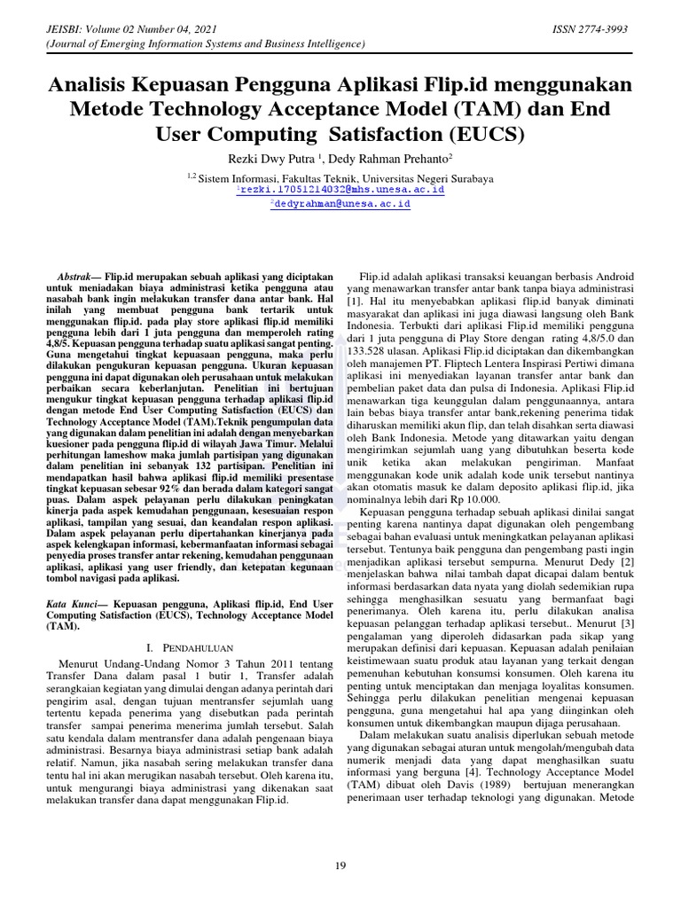 Analisis Kepuasan Pengguna Aplikasi Flip - Id Menggunakan TAM & EUCS | PDF | Pengelolaan ...
