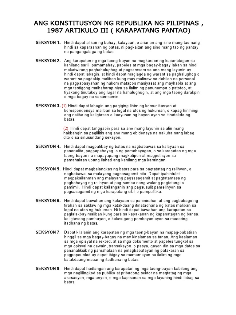 Ang Konstitusyon NG Republika NG Pilipinas, 1987 Artikulo III (Karapatang Pantao) | PDF