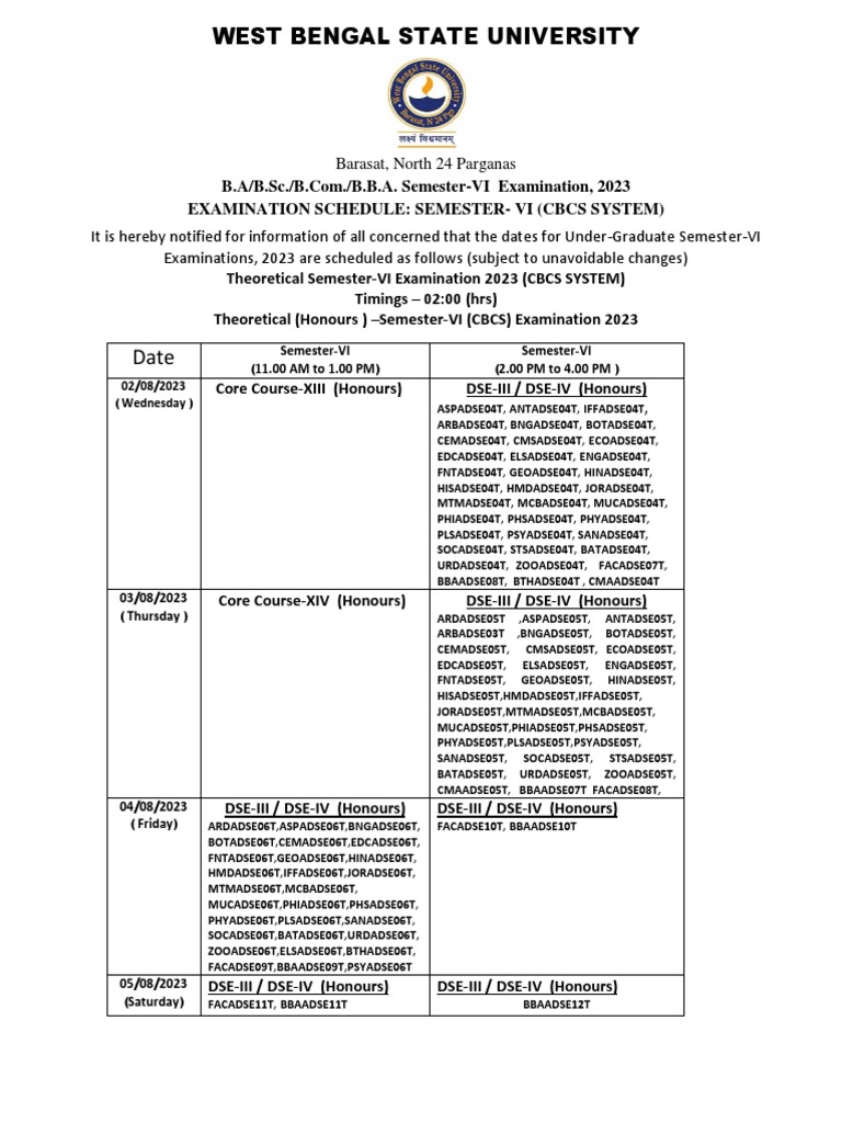 Routine Cbcs Semester Vi Examination 2023 Download Free Pdf Science