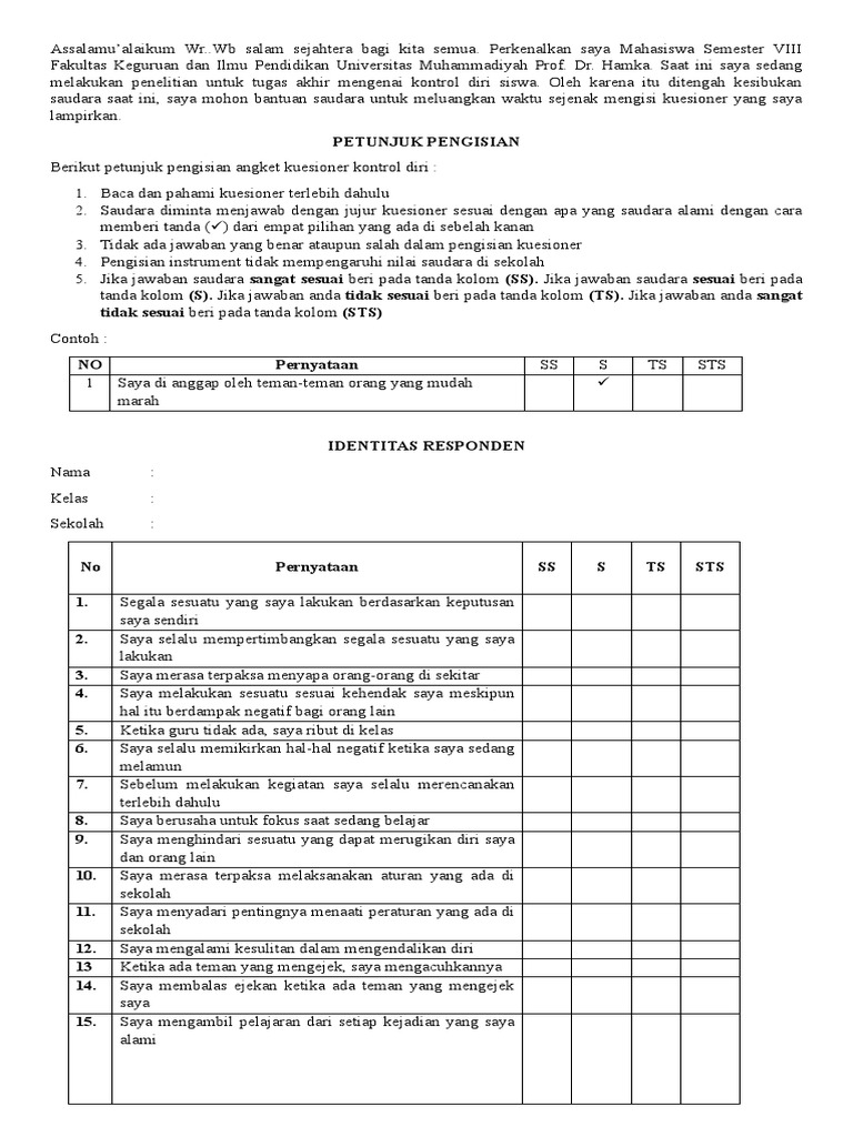 Kuesioner Kontrol Diri Siswa | PDF