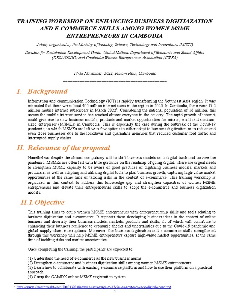 Concept Note Cambodia Women MSME Entrepreneur Training Workshop | PDF ...