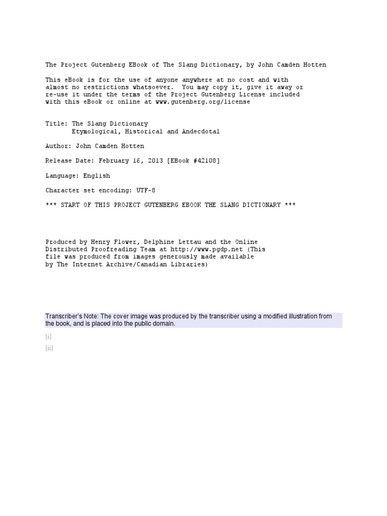 The Slang Dictionary | PDF | Project Gutenberg | English Language