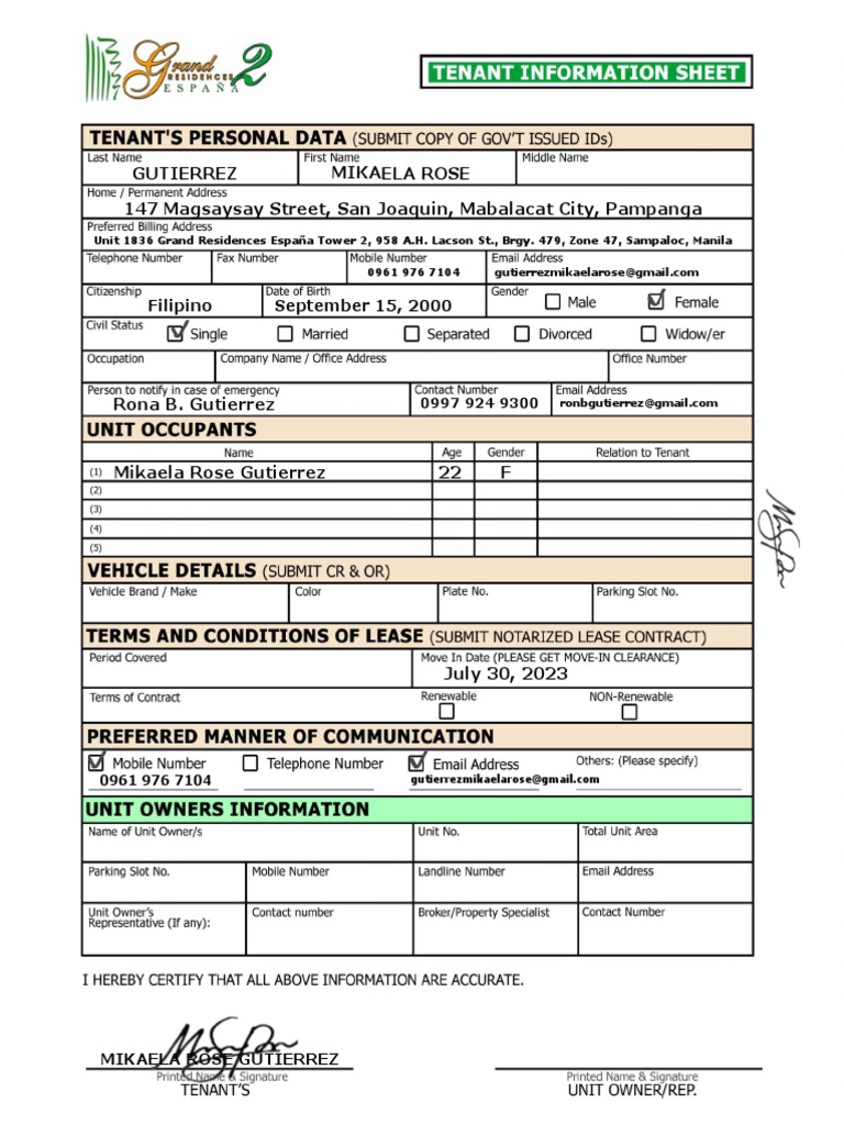 Tenant Information Sheet | PDF