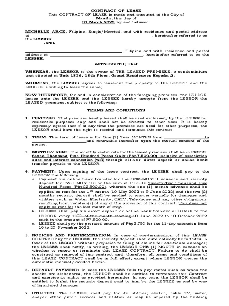 Sample Lease Contract | PDF | Lease | Consent