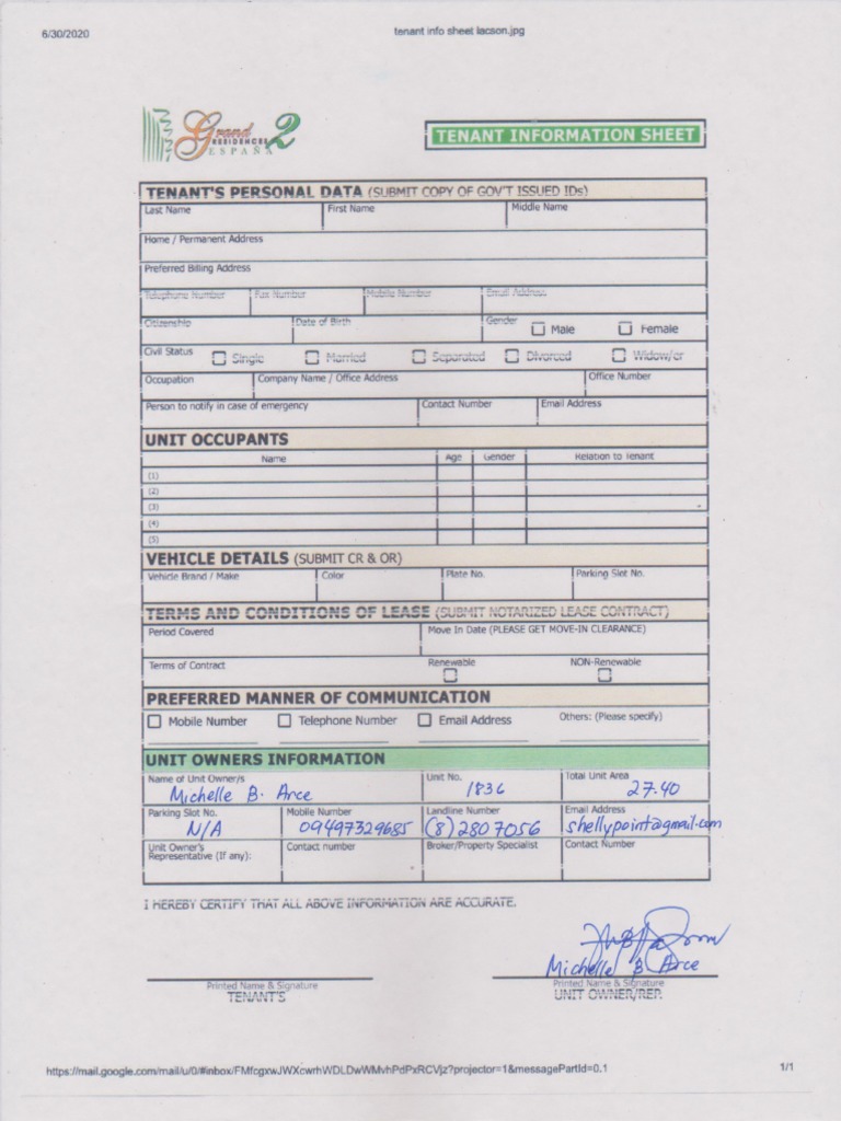 Tenant Info Sheet | PDF