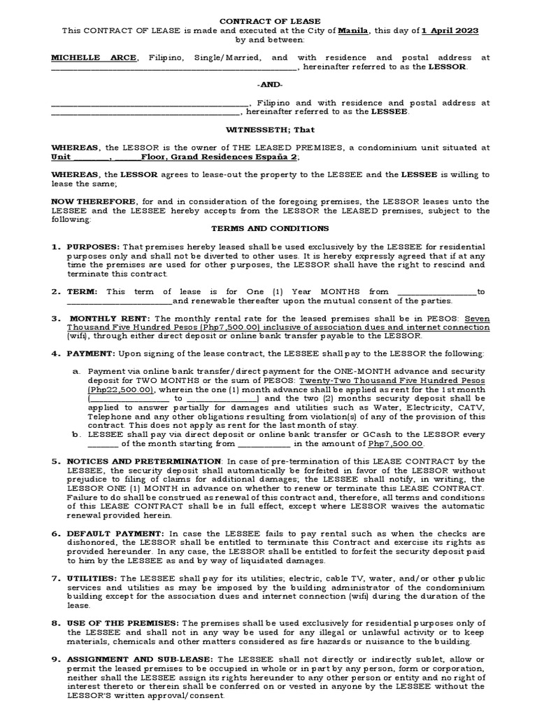 Draft Lease Contract | PDF | Lease | Consent