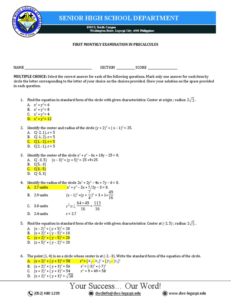 Precal 1st Monthly Test Answers | PDF | Area | Elementary Geometry