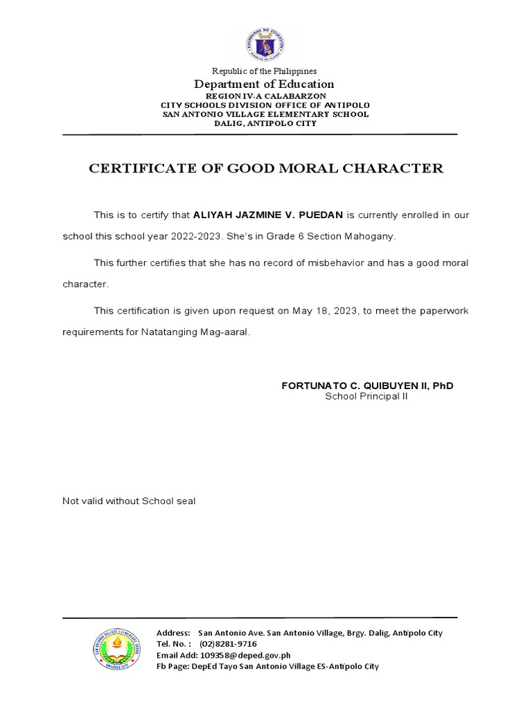 Certificate of Good Moral Character | PDF | Wellness