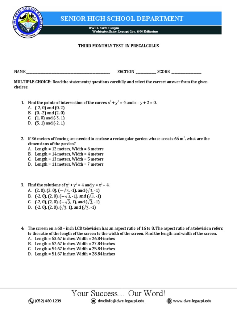 Precal 3rd Monthly Test Questions | PDF | Ellipse | Mean