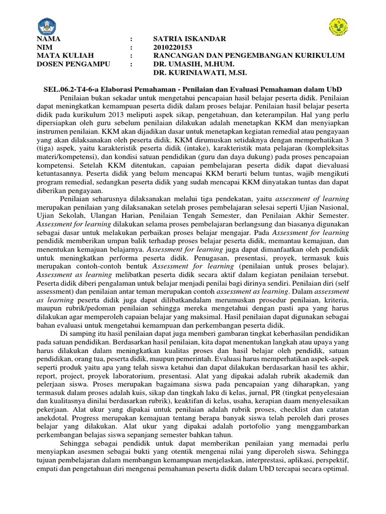T4-6-A Elaborasi Pemahaman SATRIA ISKANDAR 2010220153 | PDF | Pengembangan Diri