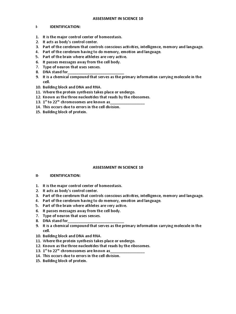 Science 10 Assessment: Brain & Genetics | PDF | Cell (Biology) | Dna