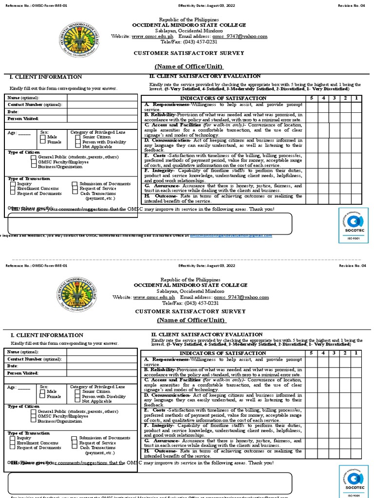 OMSC Form IME 01 Customer Satisfaction Survey Rev.04 4 1 | PDF ...