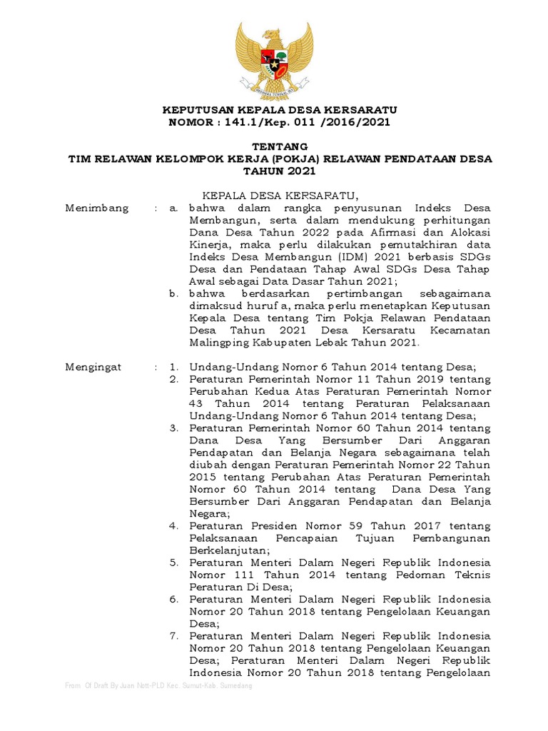 SK Tim Relawan Kelompok Kerja Pokja Relawan Pendataan Desa Tahun 2021 ...