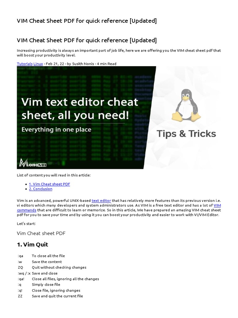 Vim Cheat Sheet | PDF | Computing | Software