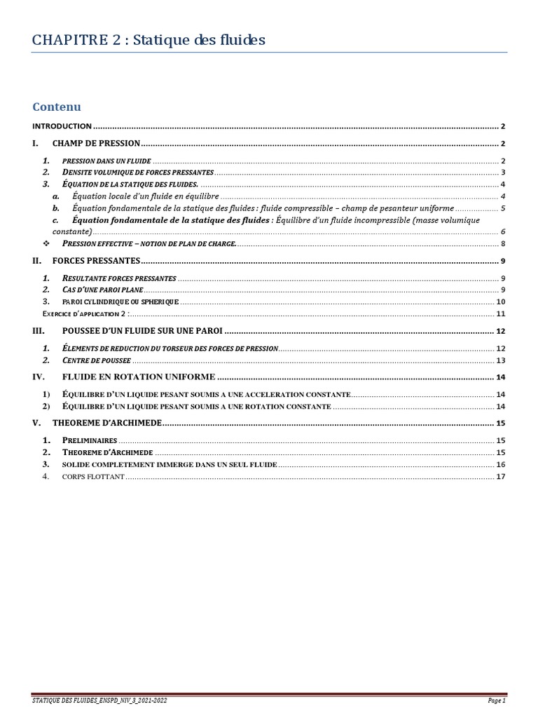 Chapitre 2 - Statique Des Fluides | PDF | Pression | mesure de pression