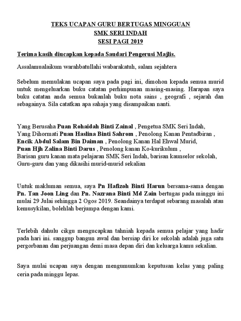 Teks Ucapan Laporan Guru Bertugas Mingguan | PDF