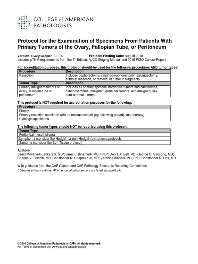 Cap Ovary Fallopian 2018protocol 1100 | PDF | Ovarian Cancer | Metastasis
