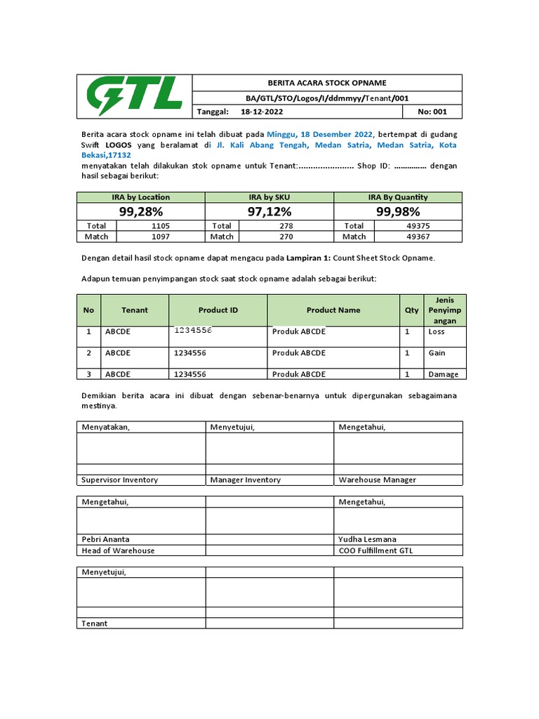 (Contoh Format) - (Swift) - BA - STO - Tenant Name - DDMMYY | PDF