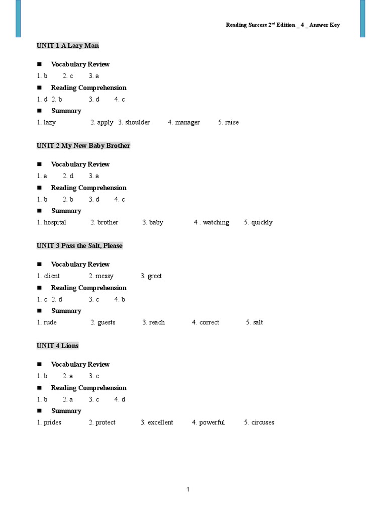 Reading Success 2e 4 Answer Key | PDF