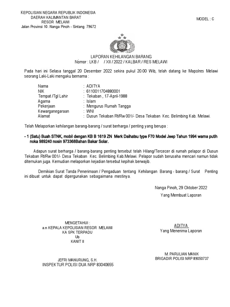 Laporan Kehilangan STNK Motor Beat | PDF