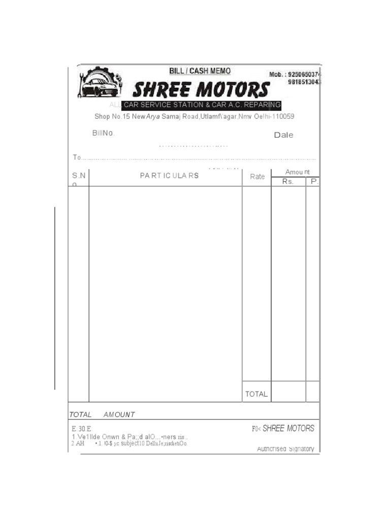 Shree Motors Bill Format Template | PDF