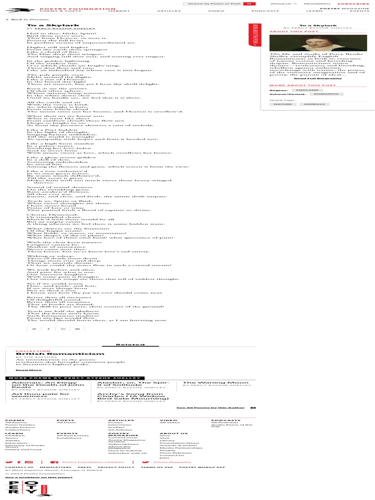 To A Skylark by Percy Bysshe Shelley Poetry Foundation | PDF | Poetry