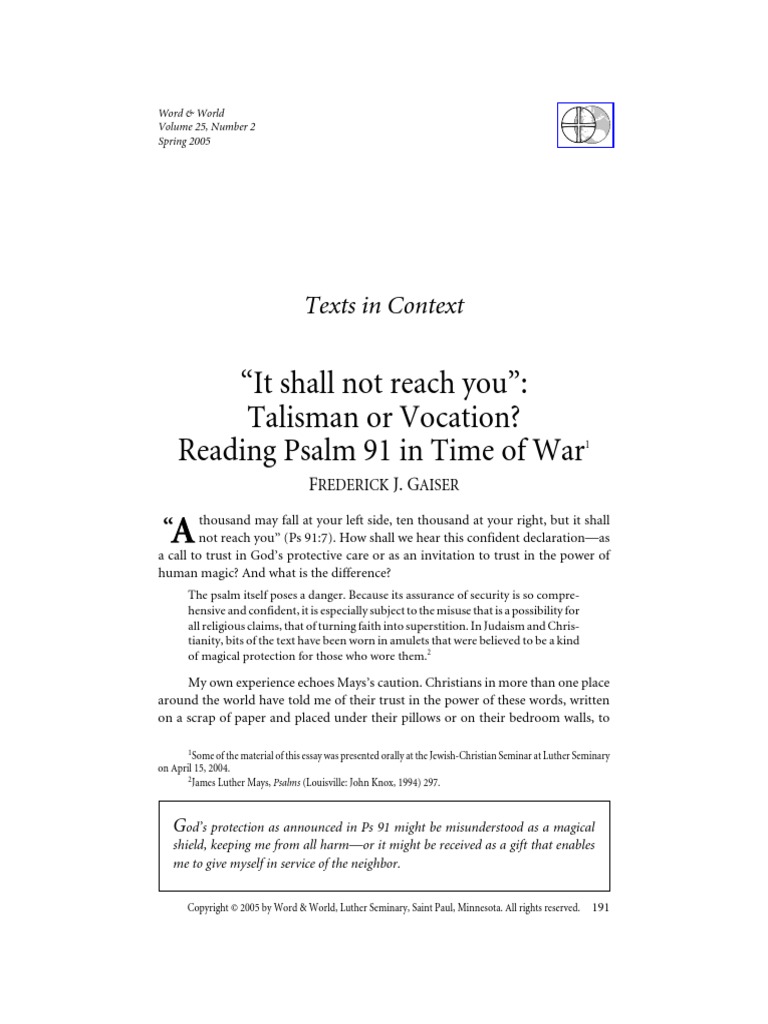 It Shall Not Reach You - Talisman or Vocation (Reading Psalm 91 in Time ...