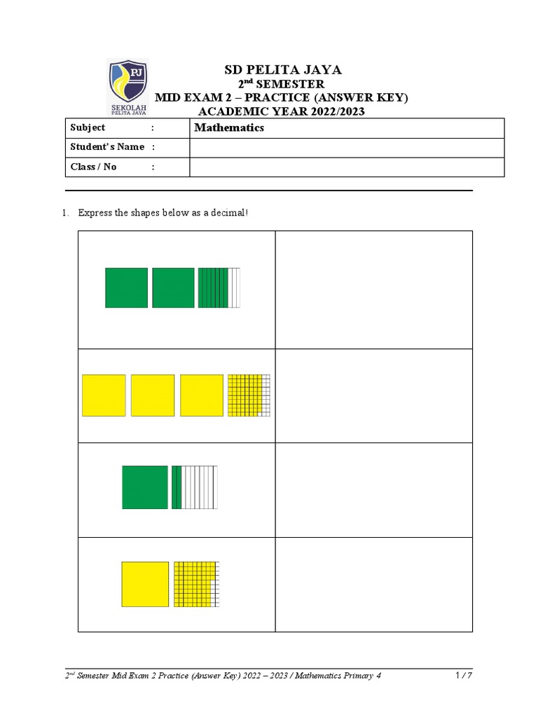 Mathematics - Mid Exam 2 Practice (Answer Key) - Primary 4 | PDF | Mathematics | Elementary Geometry