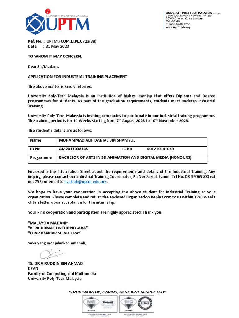 Muhammad Alif Danial - Application For Industrial Training Placement ...