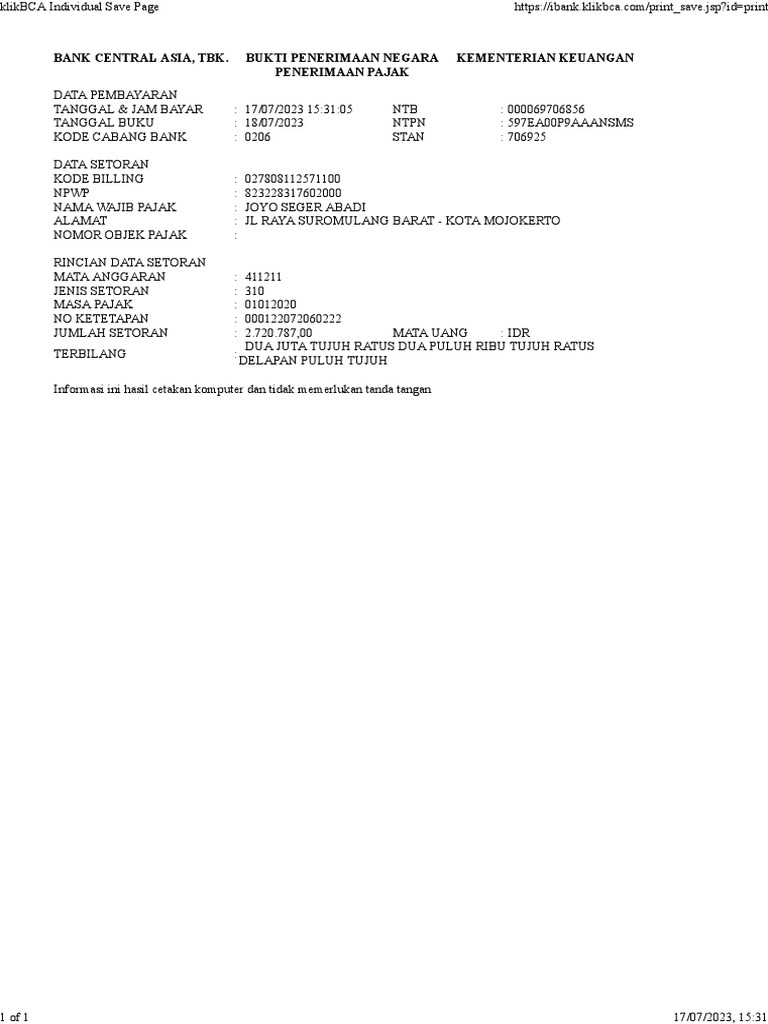 Bukti Bayar Billing 000122072060222 012020 | PDF