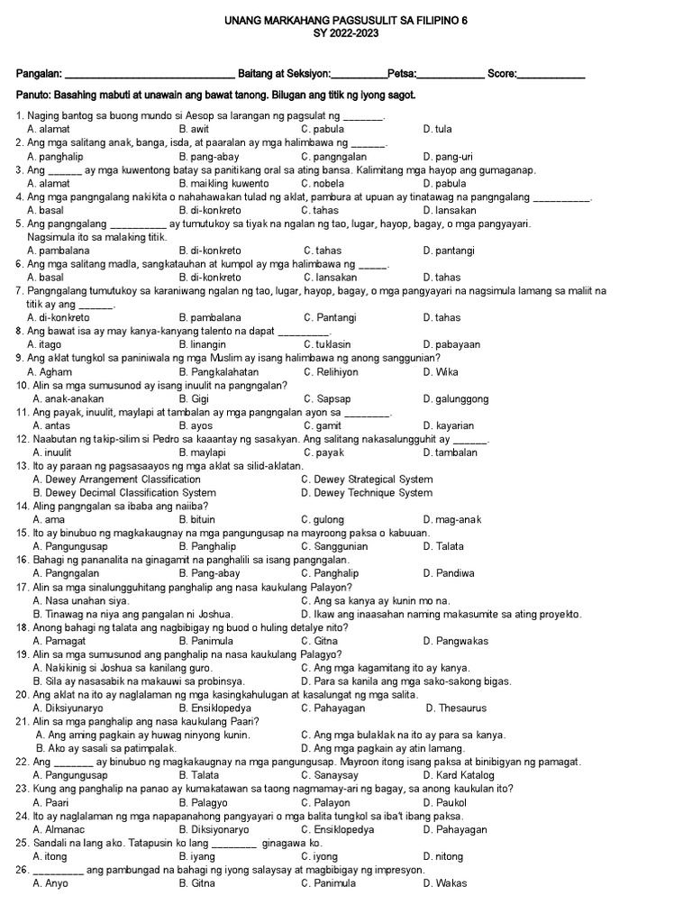 Filipino 6 - First Periodical Test-2022-2023 | PDF