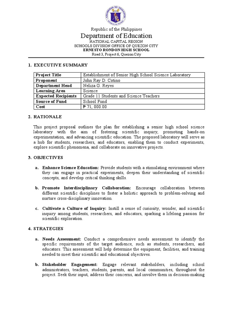 SHS Science Laboratory Project Proposal | PDF | Laboratories | Teachers